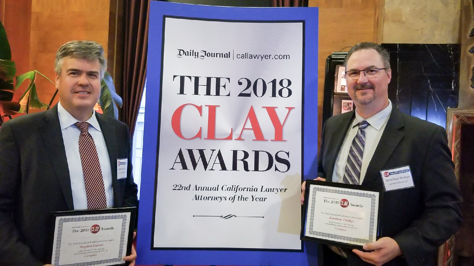 Stephen Larson and Jonathan Phillips Receive "CLAY Award" - Larson LLP
